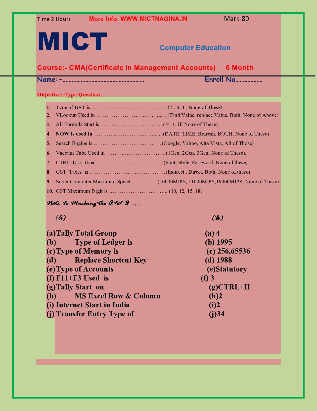 Sample Question Papers – MICT COMPUTER INSTITUTE NAGINA