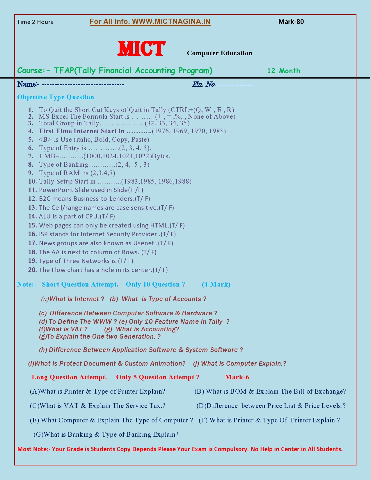 Sample Question Papers – MICT COMPUTER INSTITUTE NAGINA