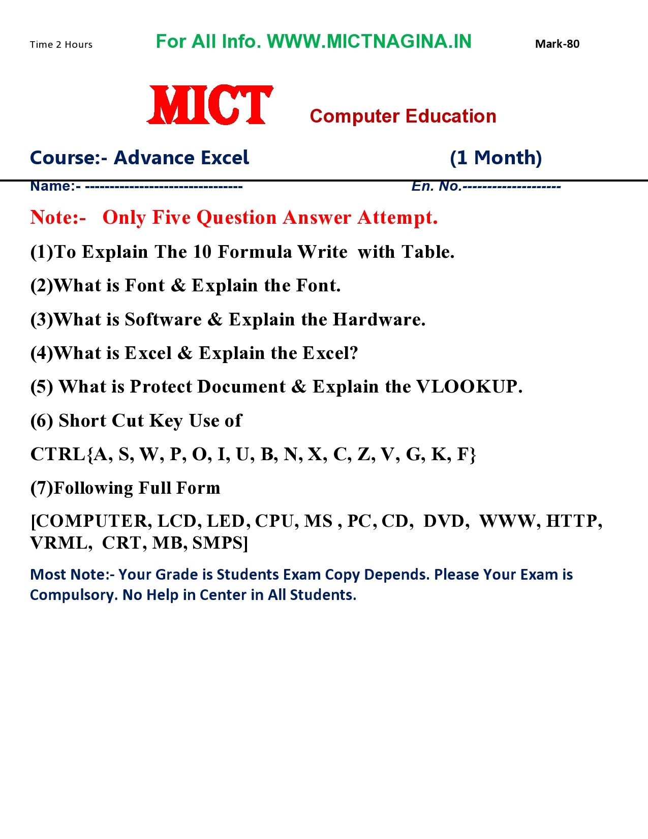 Sample Question Papers – MICT COMPUTER INSTITUTE NAGINA